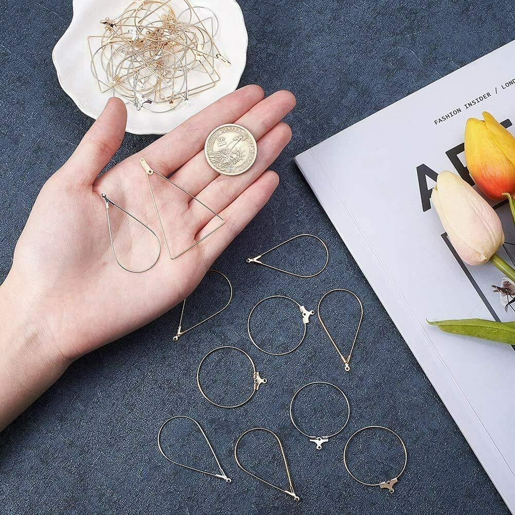 TopBine 60pcs Hoop Earrings Set - Round, Teardrop, Triangle - Gold K, White K - DIY Earring Making