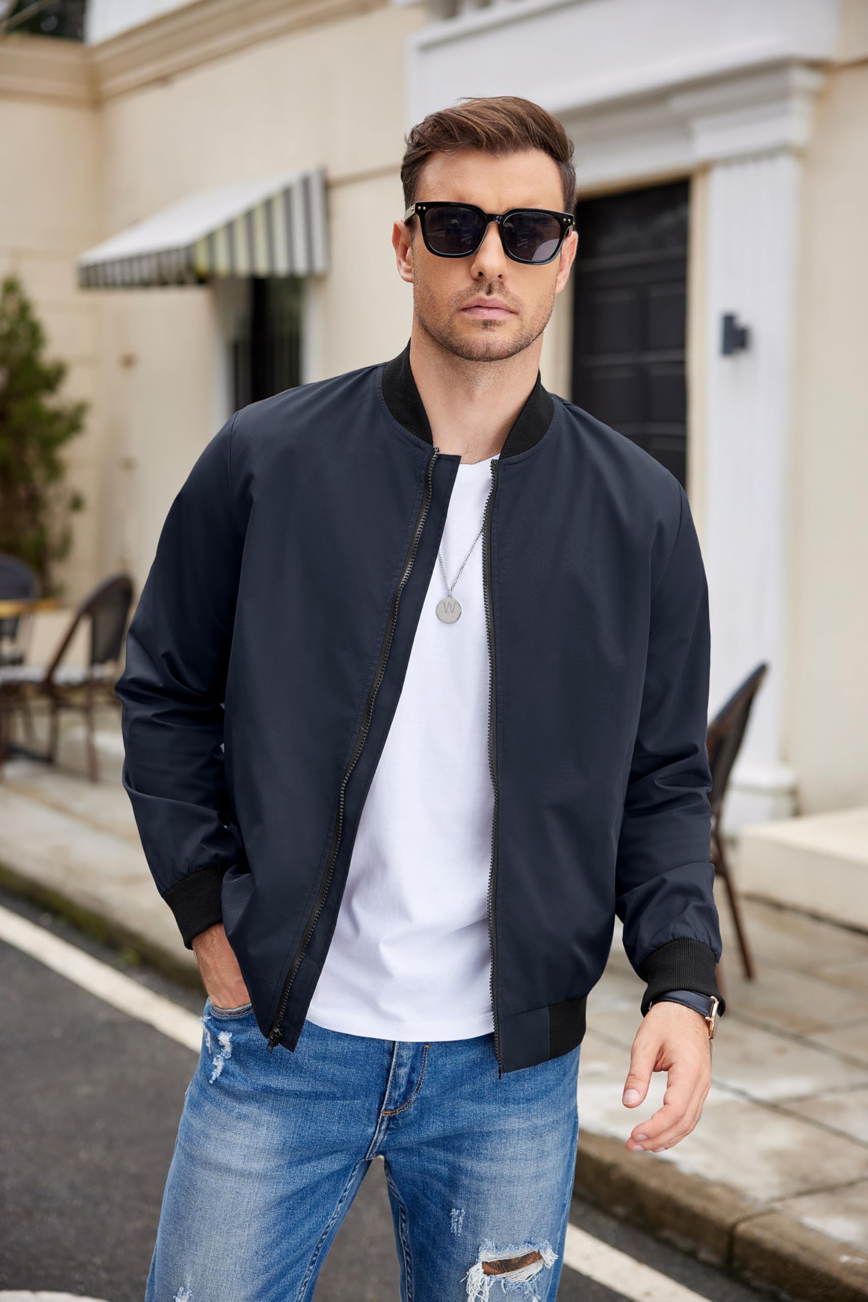COOFANDY Men's Lightweight Bomber Jacket Fashion Windbreaker Fall Winter Front Zip Jackets Navy Blue L