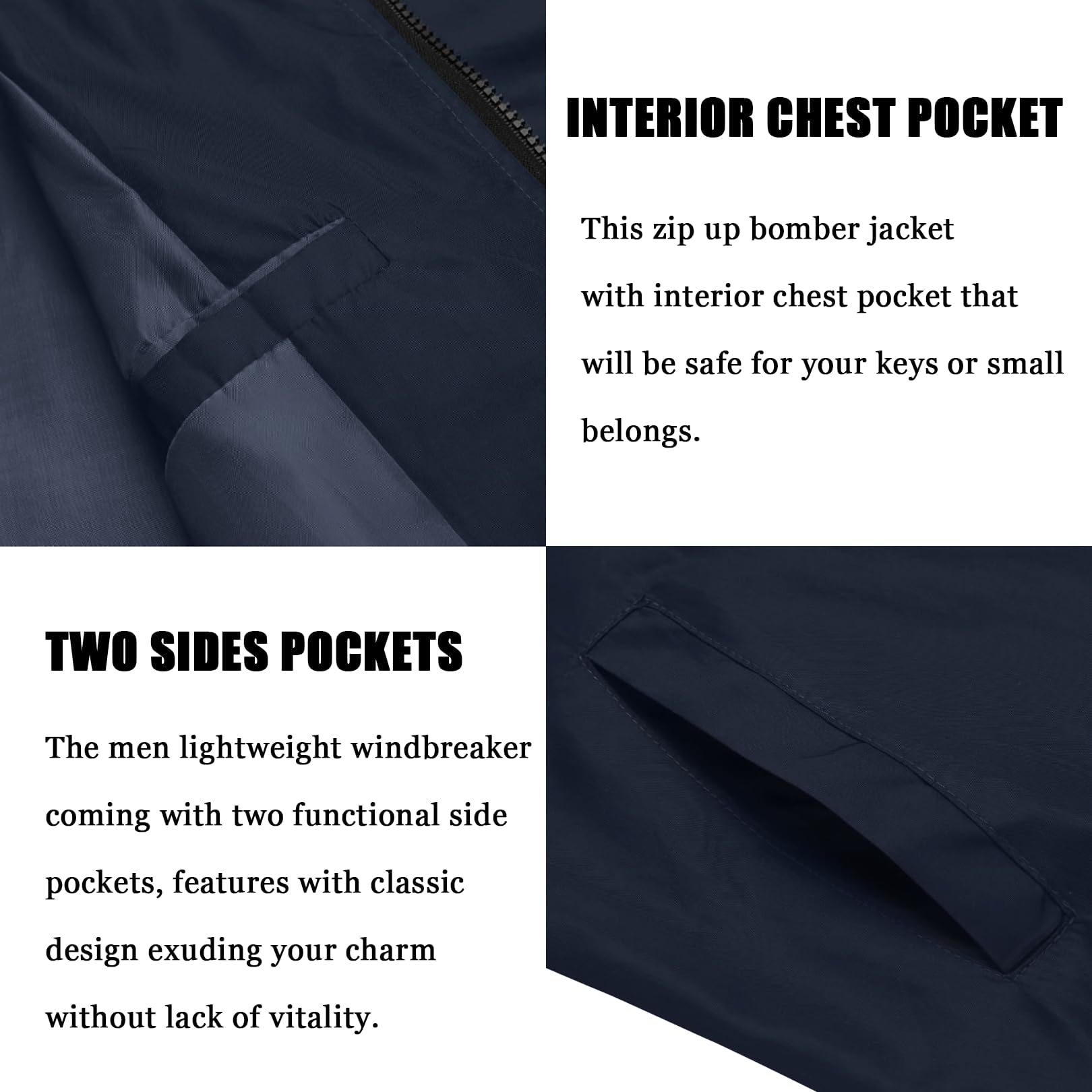 COOFANDY Men's Lightweight Bomber Jacket Fashion Windbreaker Fall Winter Front Zip Jackets Navy Blue L