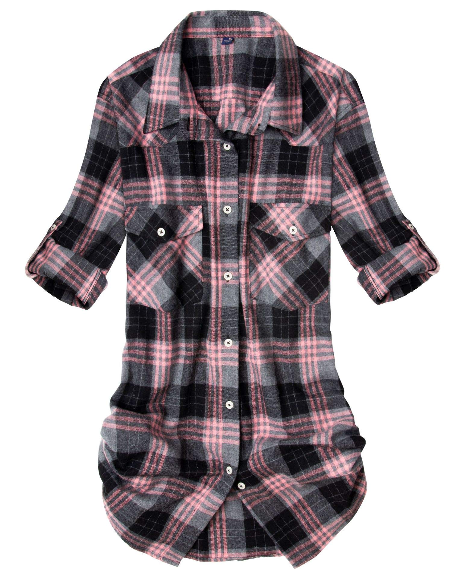Alimens & Gentle Womens Plaid Flannel Shirts Long Sleeve Roll Up Casual Button Down Shirt Pink Grey