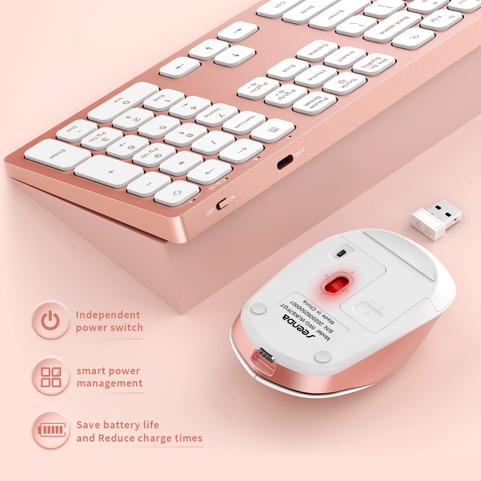 Wireless Keyboard and Mouse Combo with Backlit, Seenda Illuminated Rechargeable Full-Size Keyboard and Mouse for Windows Computer Laptop Desktop (Rose Gold)