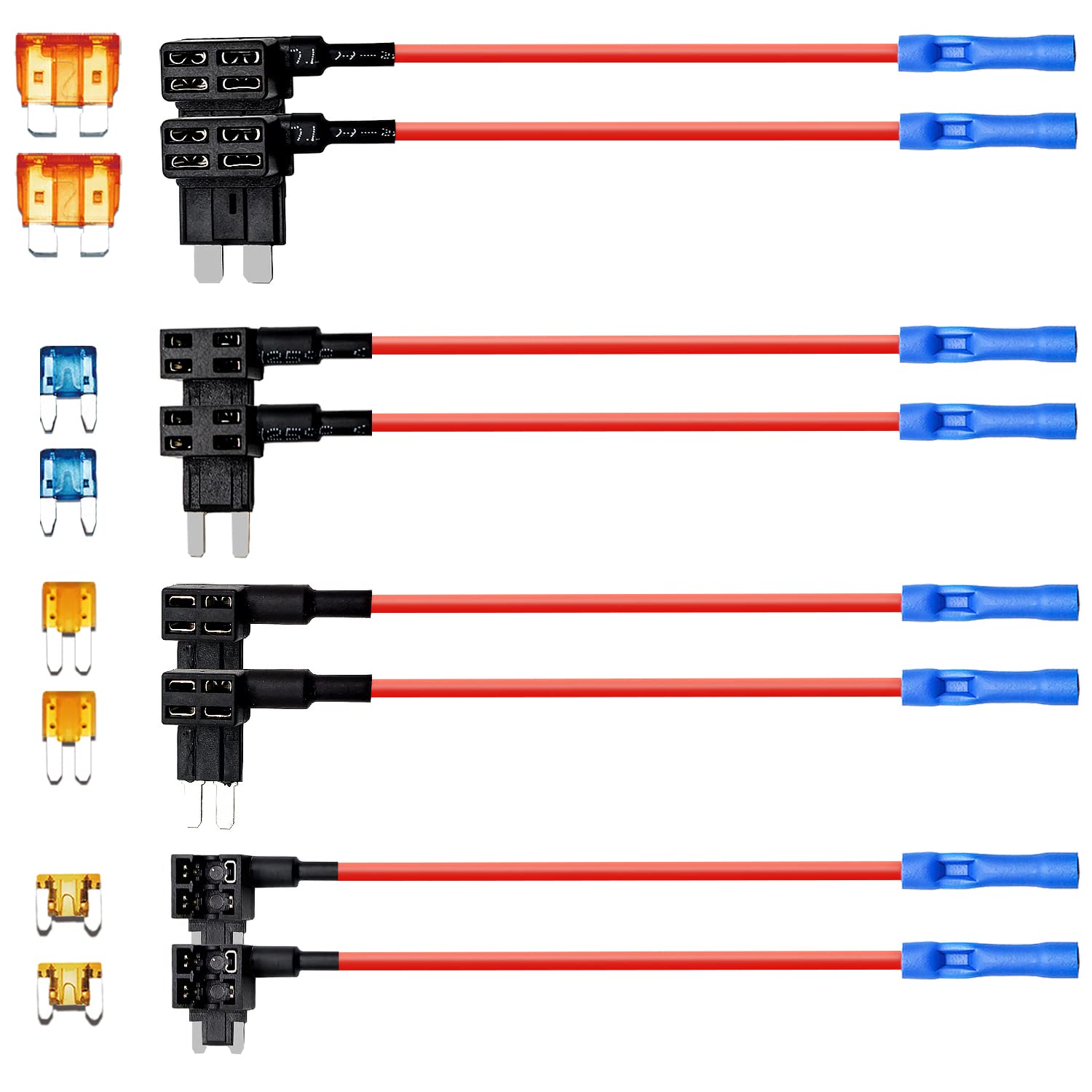 4 Types Add-a-Circuit Fuse Tap Adapter with Standard & Mini & Low Profile Mini & Micro2 Blade Fuse Holder for Cars Trucks Boats (8 Pack)