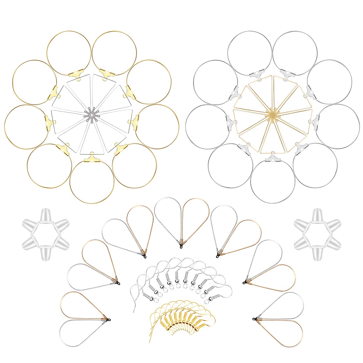 TopBine 60pcs Hoop Earrings Set - Round, Teardrop, Triangle - Gold K, White K - DIY Earring Making