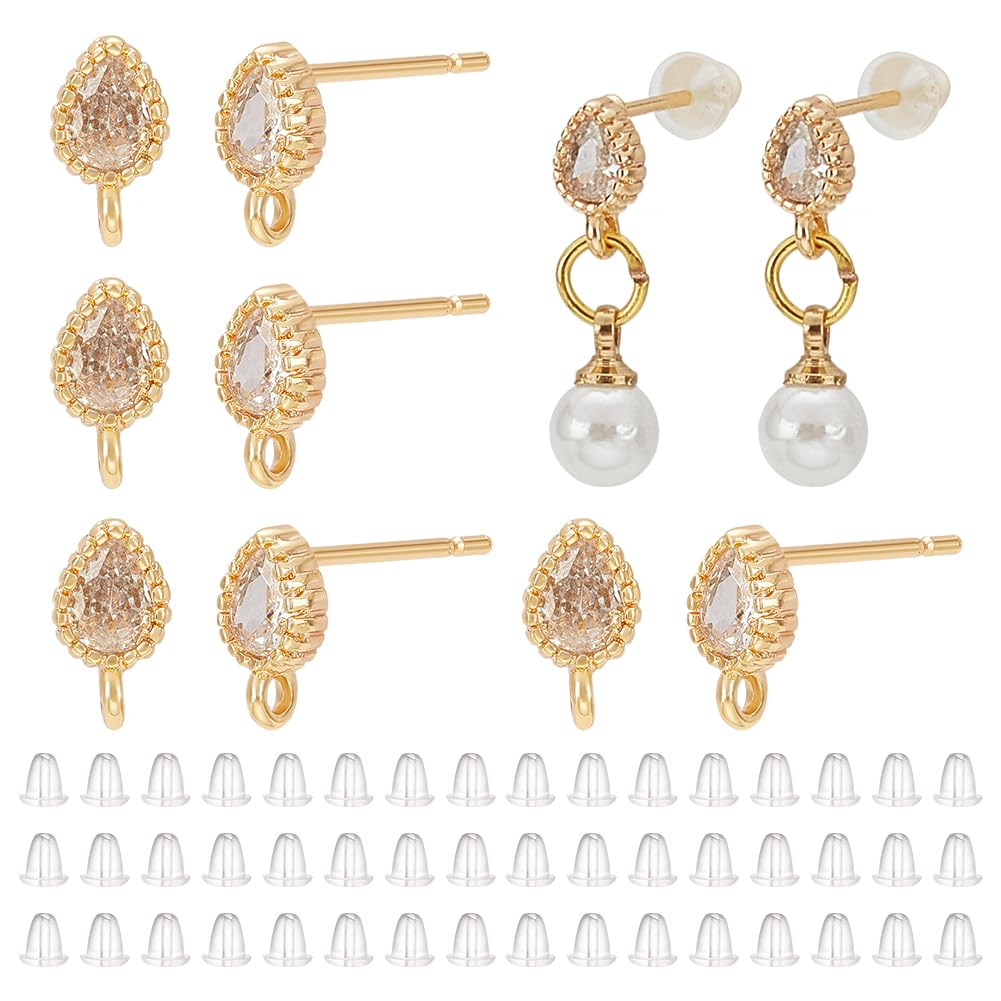 BENECREAT 10PCS 18K Real Gold Plated Teardrop Cubic Zirconia Earring Studs with Loop for Earring DIY, Valentine's Day Jewelry Gift Making, Hole: 1mm