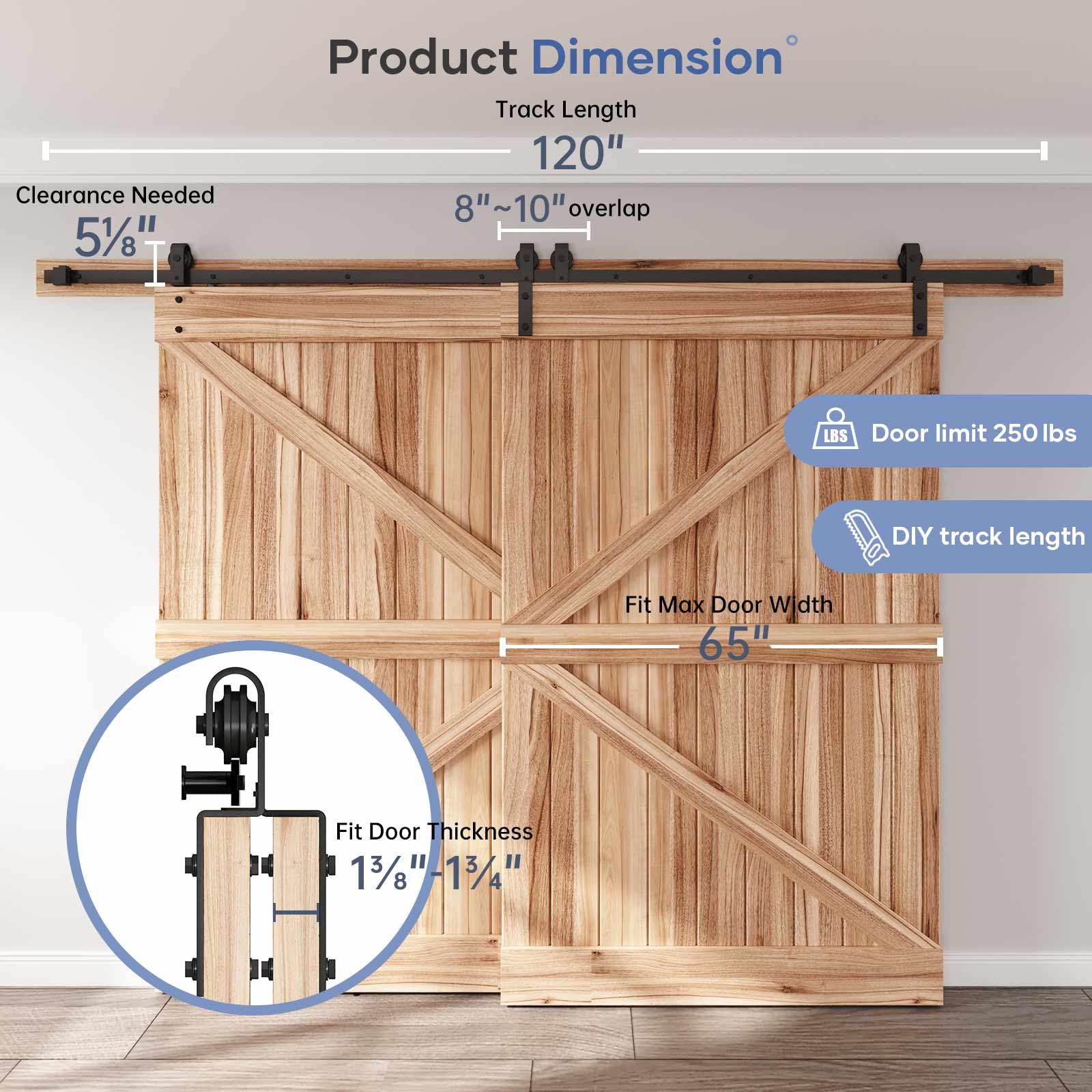 EaseLife 10 FT Bypass Double Sliding Barn Door Hardware Kit,Single Track,Heavy Duty,Slide Smoothly Quietly,Easy Install (10FT Track Kit for Double 65" Wide Door)