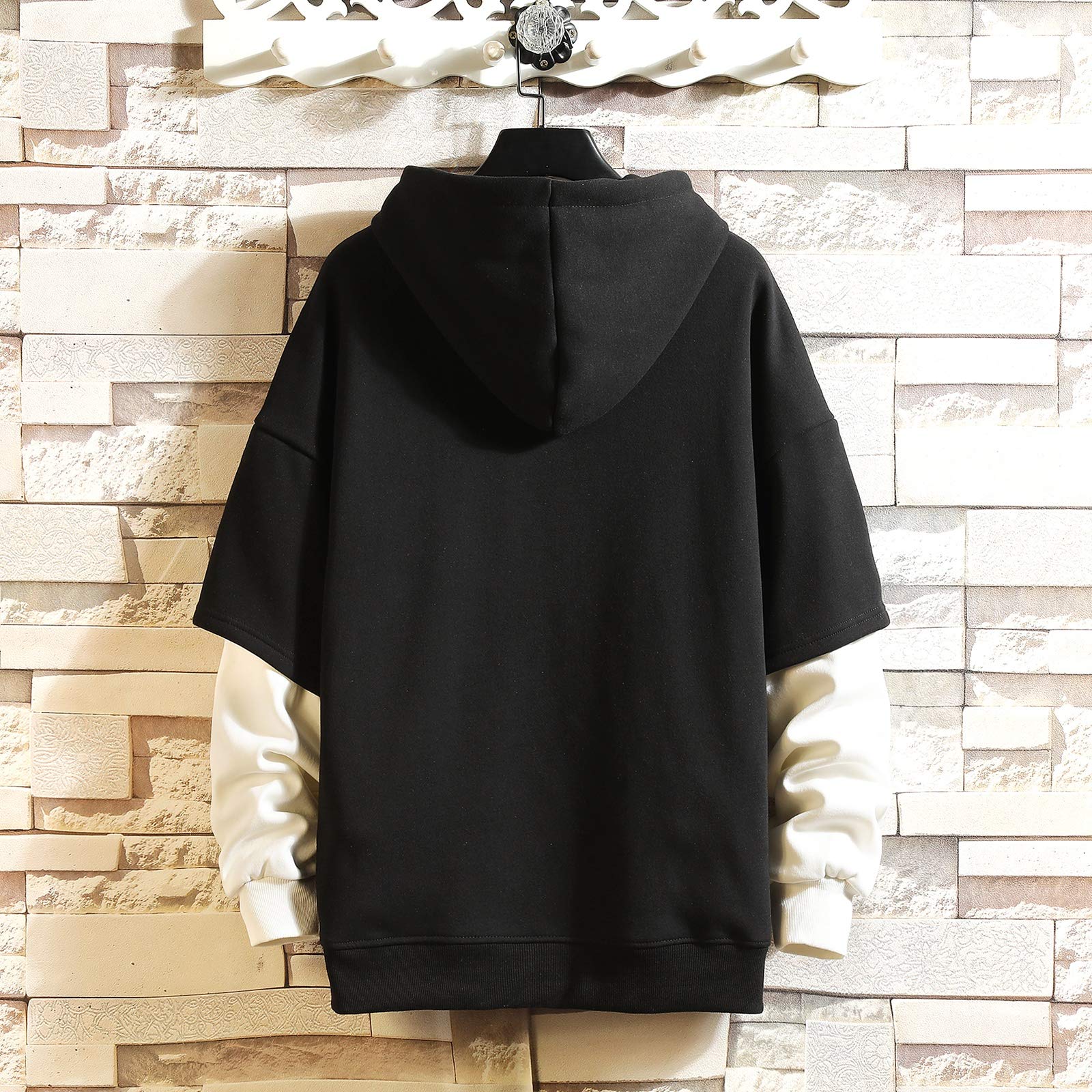 GURUNVANI Fashion Hoodies Men's Color Block Pullover O-Neck Hooded Sweatshirt Patchwork Black
