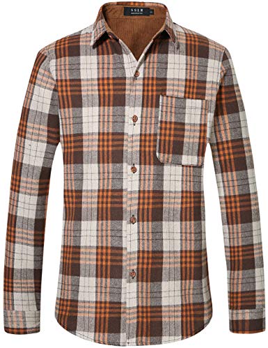 SSLR Flannel Shirt for Men, Long Sleeve Button Down Shirt Plaid Casual (Large, Khaki)