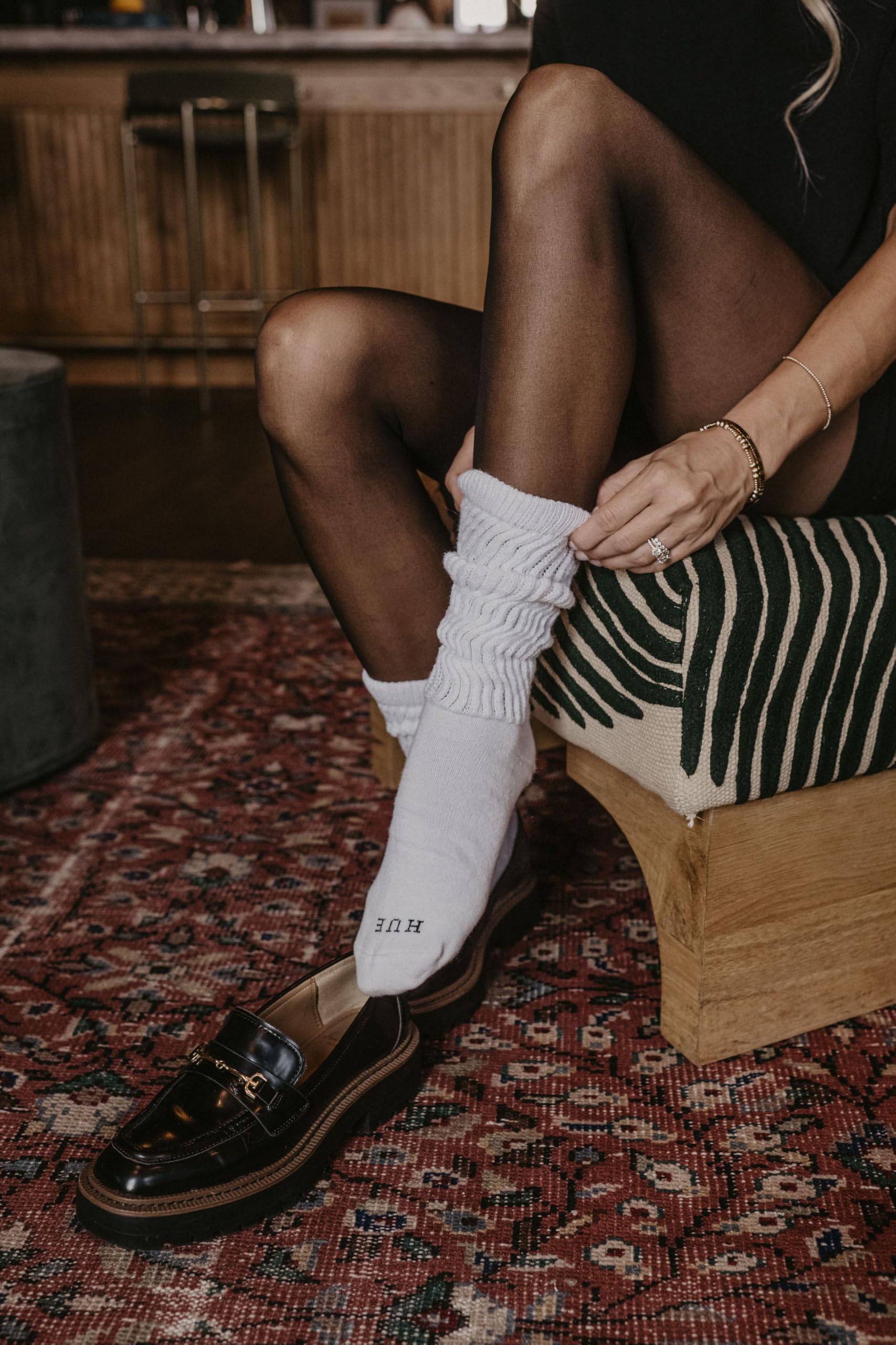 HUE Women's Slouch Socks 3 Pair Pack, White/Light Charcoal Heather/Black, One Size