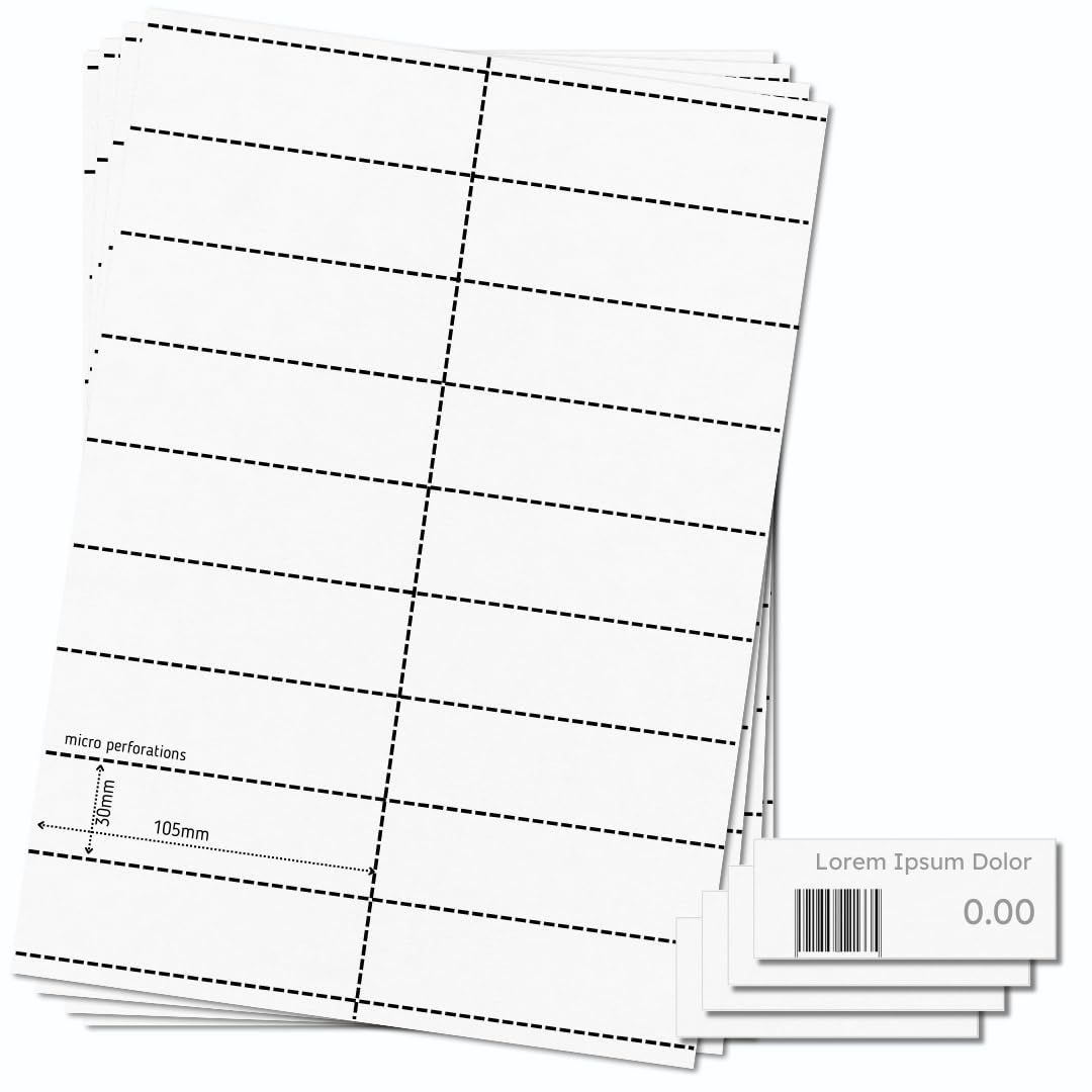 OfficeGear Shelf Edge Barcode Price Ticket Labels 18-up [25 Sheets - 450 Pack] 30x105mm Custom Printable A4 Card Micro Perforated Non-Adhesive Merchandise Tag with Free Downloadable Design Template
