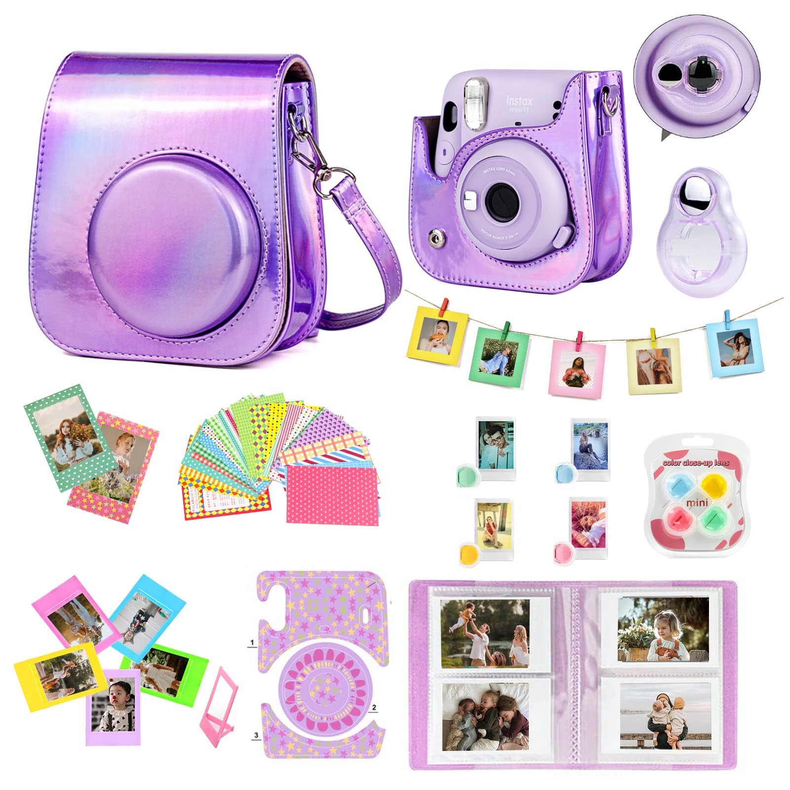 WOGOZAN Mini 11 Case for Fujifilm Instax Mini 11 Instant Kids Camera Custom Case Accessories Bundle + Color Filters, Photo Album, Assorted Frames, Selfie Lens + More (Magic Purple) (No Camera)