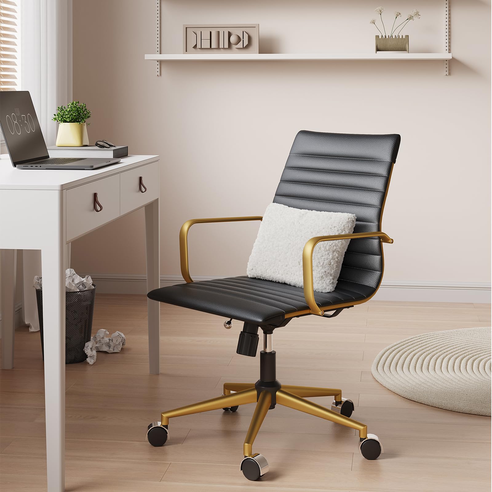 LUXMOD Leather Office Chair in Black, Gold Ergonomic Home Office Desk Chair with Armrests, Mid Back Leather Office Chair for Back Support, Adjustable Black and Gold Chair (1pcs)