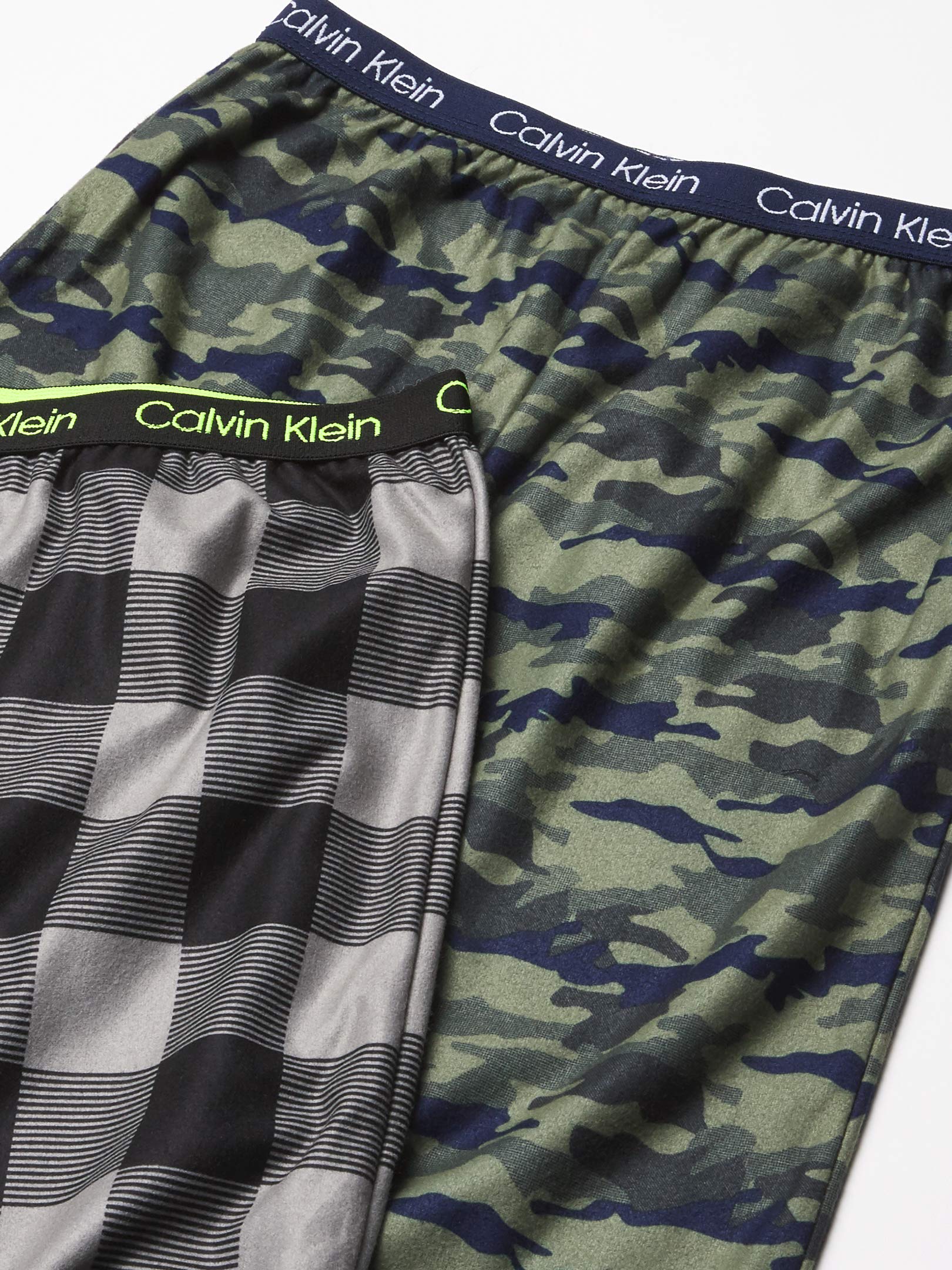 Calvin Klein Boys' Super Soft Pajama Pants, 2-Pack, Cozy Sleepwear for Kids, Green Camo/Black Plaid, Medium