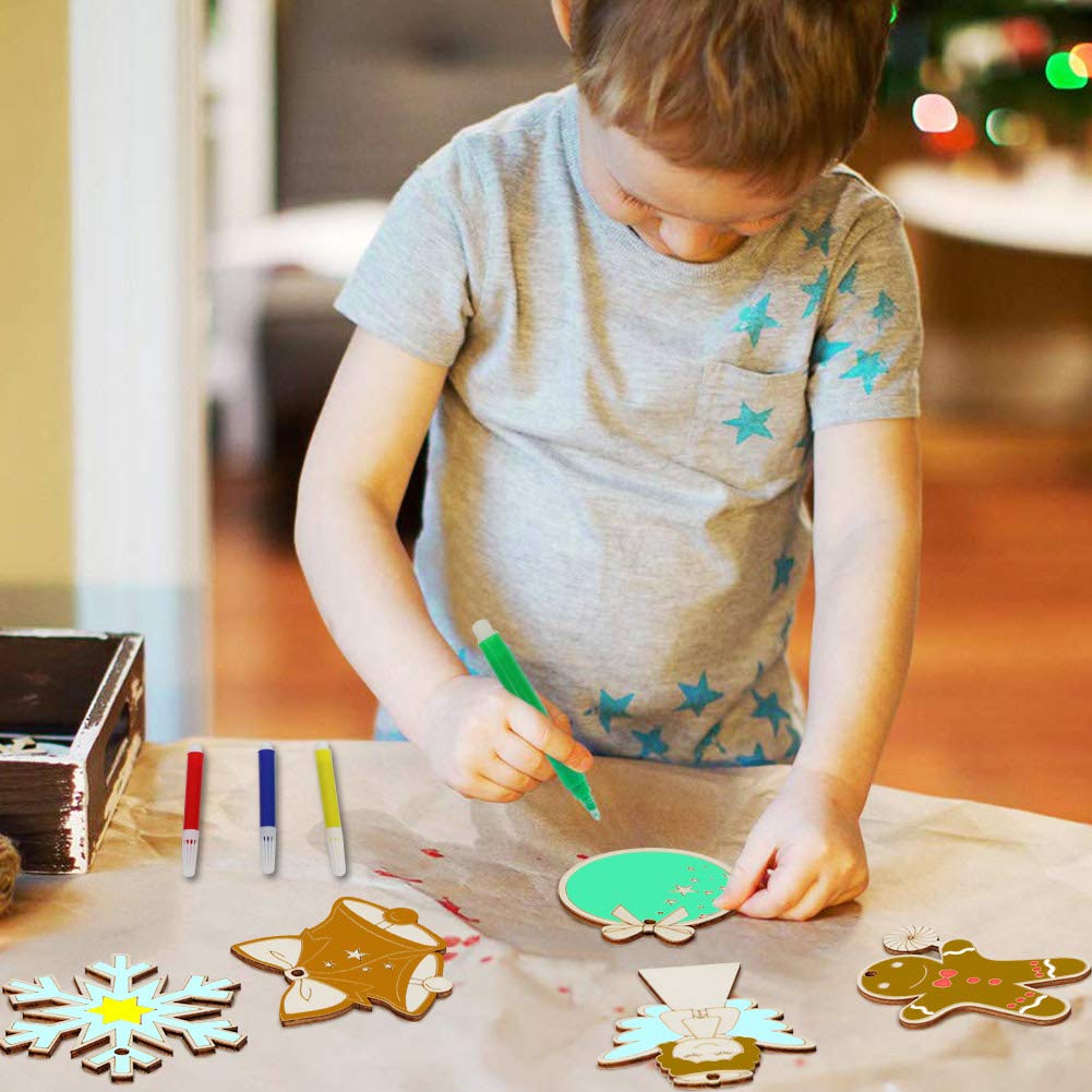 OurWarm 48pcs Wooden Christmas Ornaments Crafts for Kids, Unfinished Wood Slices Ornaments, DIY Crafts Christmas Ornaments Set for Christmas Tree Ornaments
