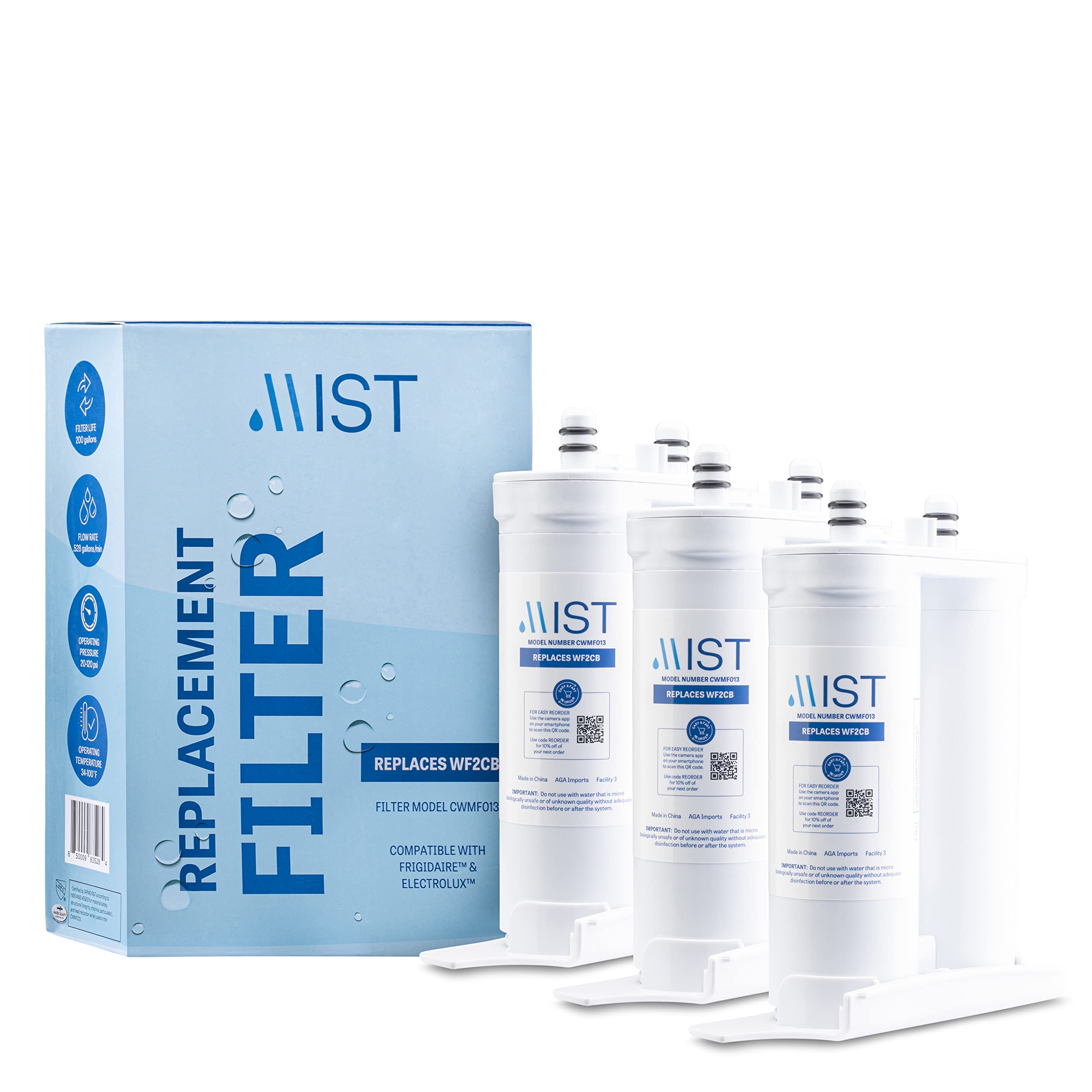 Mist WF2CB Water Filter Replacement for Frigdaire & Electrolux, Refrigerator Water Filter compatible with PureSource2, FC100, Kenmore 9916, 469916, EWF2CBPA, NGFC 2000-WF2CB Water Filter (3 pack)