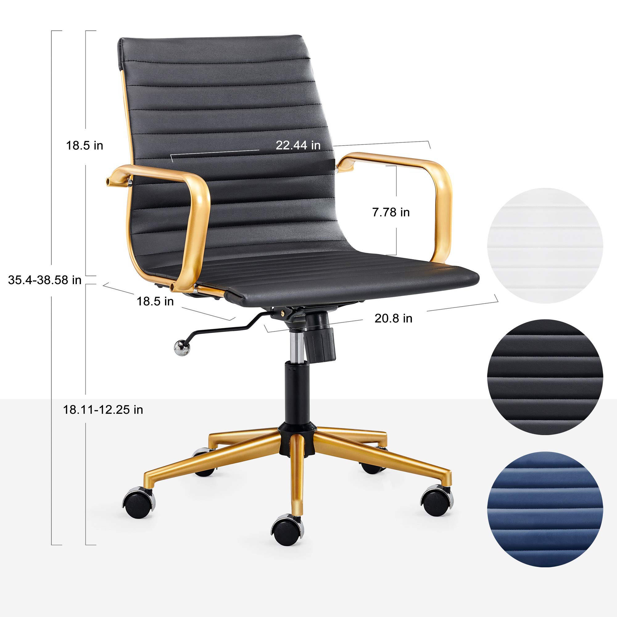 LUXMOD Leather Office Chair in Black, Gold Ergonomic Home Office Desk Chair with Armrests, Mid Back Leather Office Chair for Back Support, Adjustable Black and Gold Chair (1pcs)
