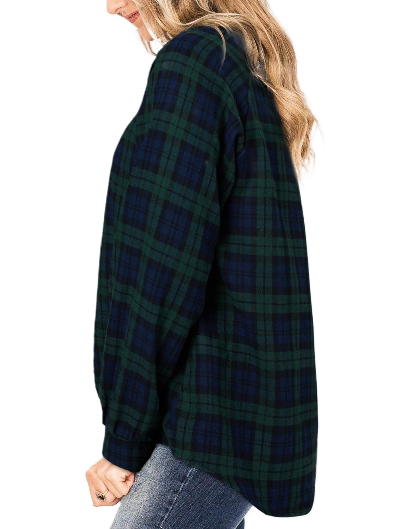 Remidoo Women's Long Sleeve Tie Knot Collared Button Down Plaid Flannel Shirt Green Small