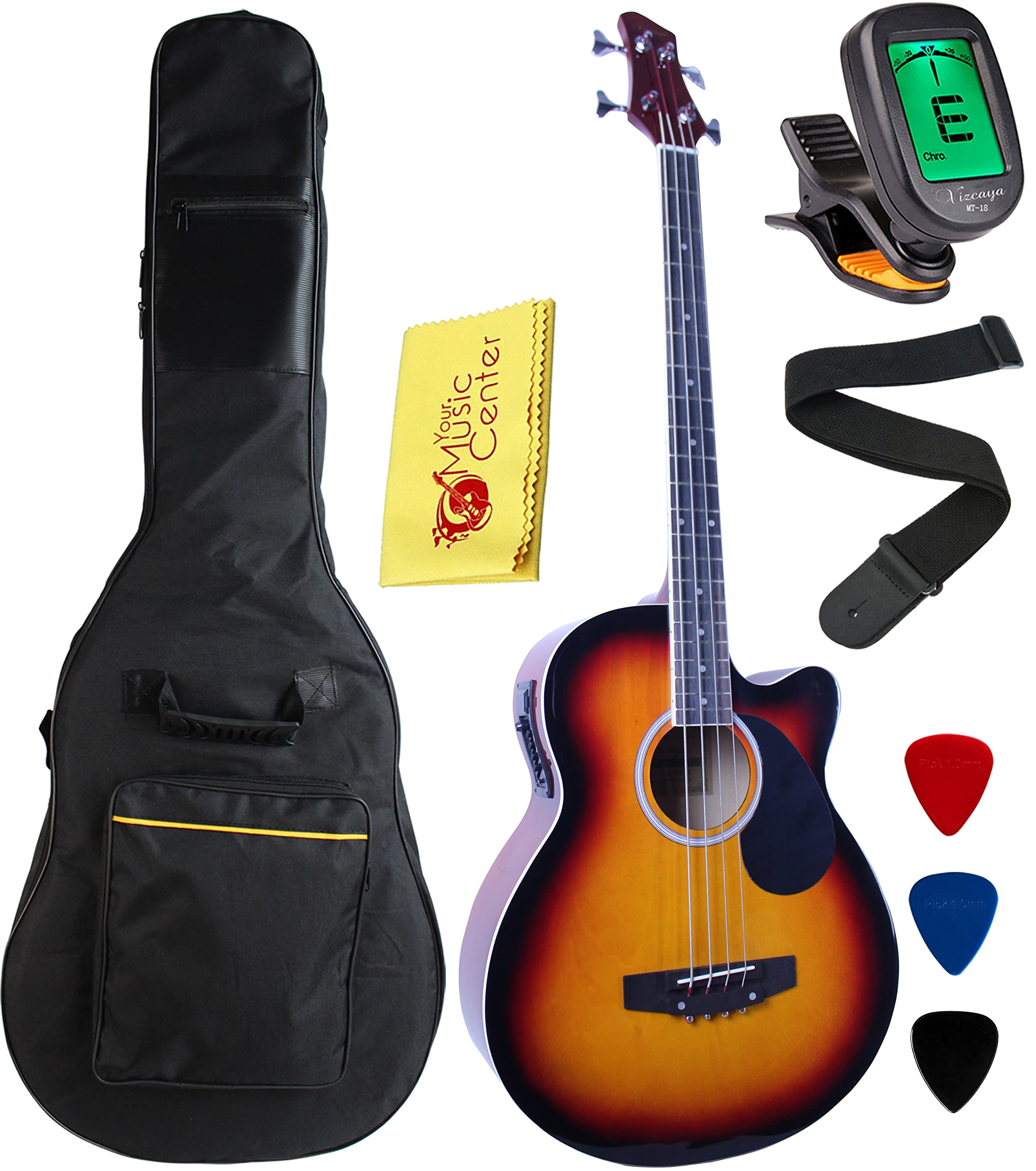 Vizcaya Full Size 4 Strings Cutaway Acoustic-Electric Bass Guitar With 4-Band Equalizer,5mm Padding Gig Bag,Strap, Picks-Sunburst