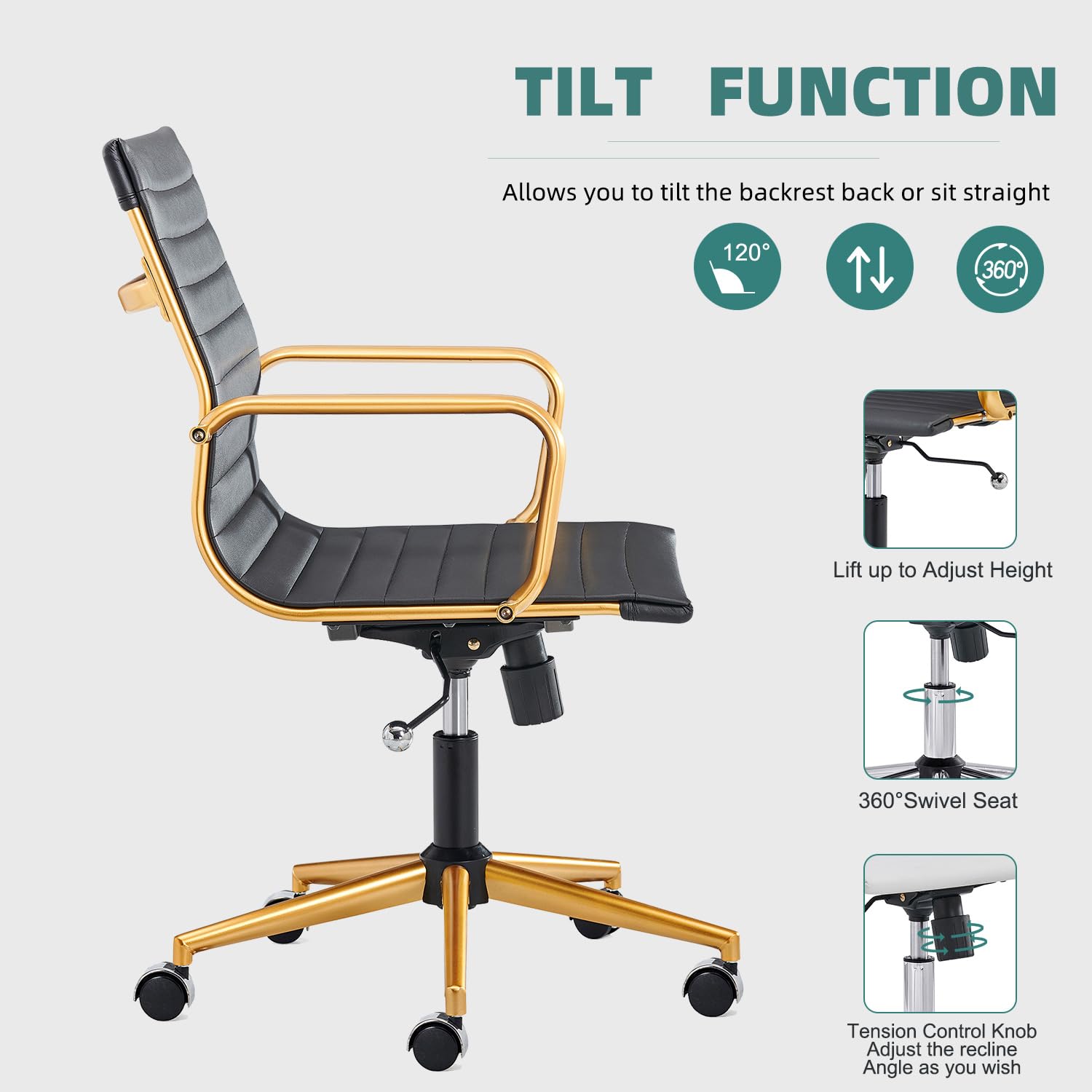 LUXMOD Leather Office Chair in Black, Gold Ergonomic Home Office Desk Chair with Armrests, Mid Back Leather Office Chair for Back Support, Adjustable Black and Gold Chair (1pcs)