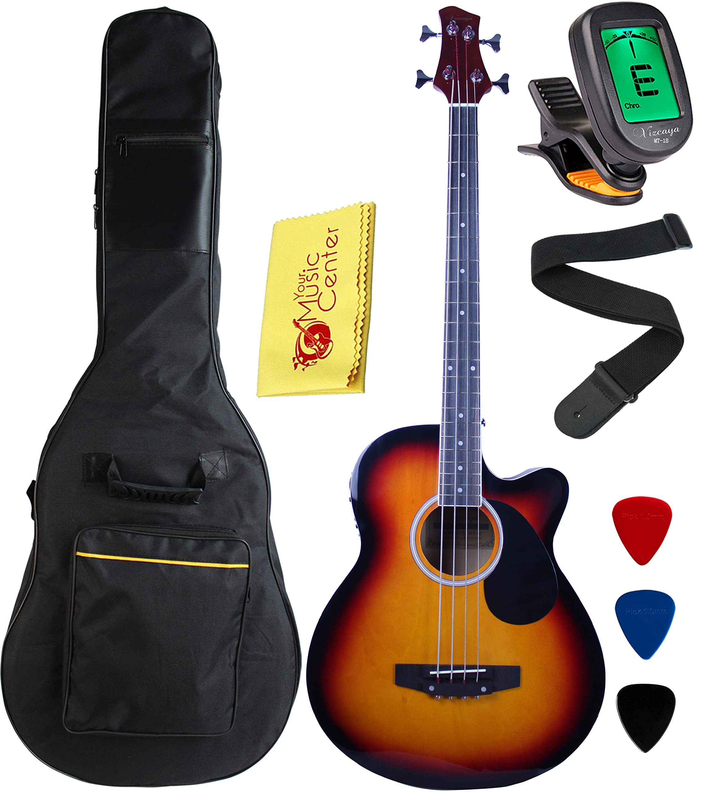 Vizcaya Full Size 4 Strings Cutaway Acoustic-Electric Bass Guitar With 4-Band Equalizer,5mm Padding Gig Bag,Strap, Picks-Sunburst