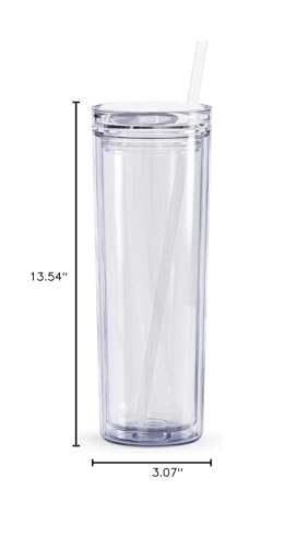 Maars Skinny Acrylic Tumbler with Lid and Straw | 18oz Premium Insulated Double Wall Plastic Reusable Cups - Clear, 8 Pack