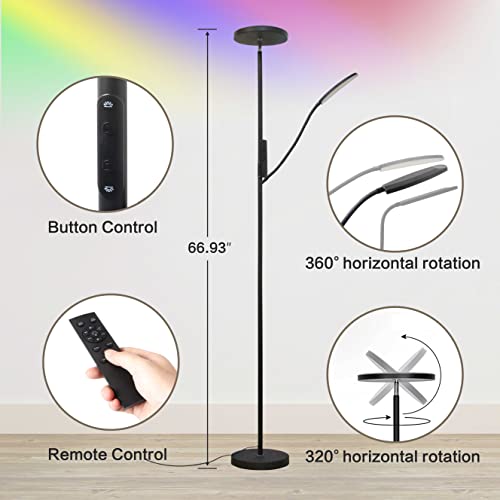 RGB Floor Lamp,Modern LED light Rotatable with Standing Lamp 24W/2000LM Main Light and 10W/350LM Side Reading Lamp, Adjustable Tall Lamps with Remote & Touch &APP Control for Living Room,Bedroom