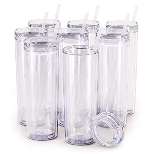 Maars Skinny Acrylic Tumbler with Lid and Straw | 18oz Premium Insulated Double Wall Plastic Reusable Cups - Clear, 8 Pack