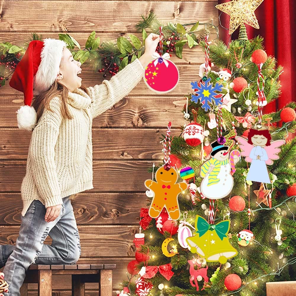 OurWarm 48pcs Wooden Christmas Ornaments Crafts for Kids, Unfinished Wood Slices Ornaments, DIY Crafts Christmas Ornaments Set for Christmas Tree Ornaments