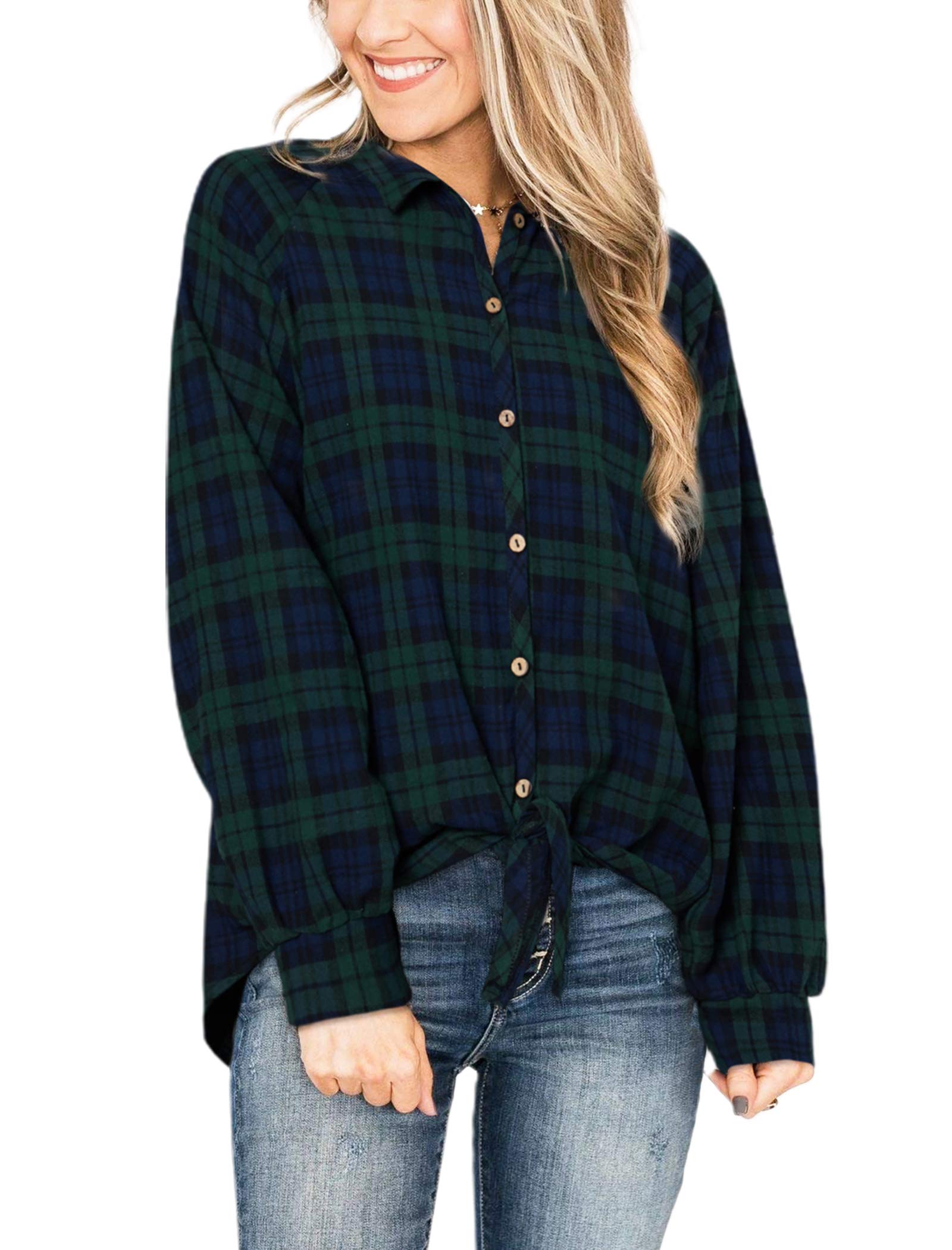 Remidoo Women's Long Sleeve Tie Knot Collared Button Down Plaid Flannel Shirt Green Small