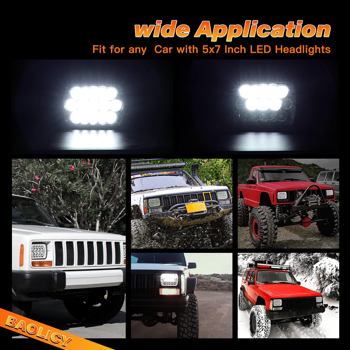 BAOLICY 5x7 H6054 LED Headlights DOT Approved 7x6 Hi/Low Sealed Beam H5054 H6052 6053 Rectangular Head Lights 2PCS 45W for xj yj Chevy S10 Blazer Ford Probe Off-Road Truck VAN SUV