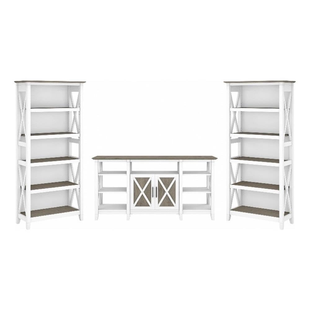 Bush Furniture Key West Tall TV Stand with Set of 2 Bookcases in Pure White and Shiplap Gray, Farmhouse Entertainment Center for 65 Inch Television