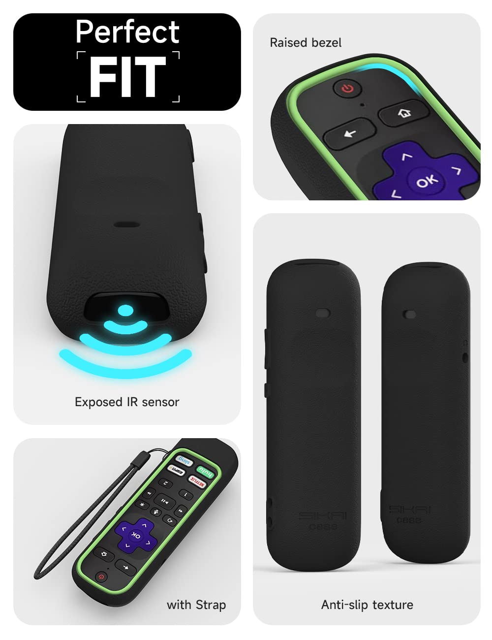 SIKAI Protective Case for ROKU Voice Remote Pro, for Roku Ultra 2020/2019 Remote, Shockproof Silicone Cover for Roku Ultra 4800R 4670R RCS01R Voice Remote Pro Anti-Lost with Loop (Black-Glow Green)
