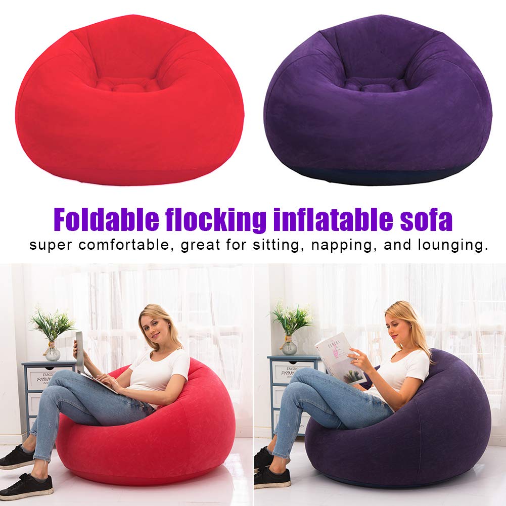 DENPETEC Bean Bag Chair Sofa Lounger Flocking PVC Lazy Inflatable Sofa Couch for Adults Home Dorm Room Living Room Comfortable Bean Bag Chair Foldable (Inflator not included)