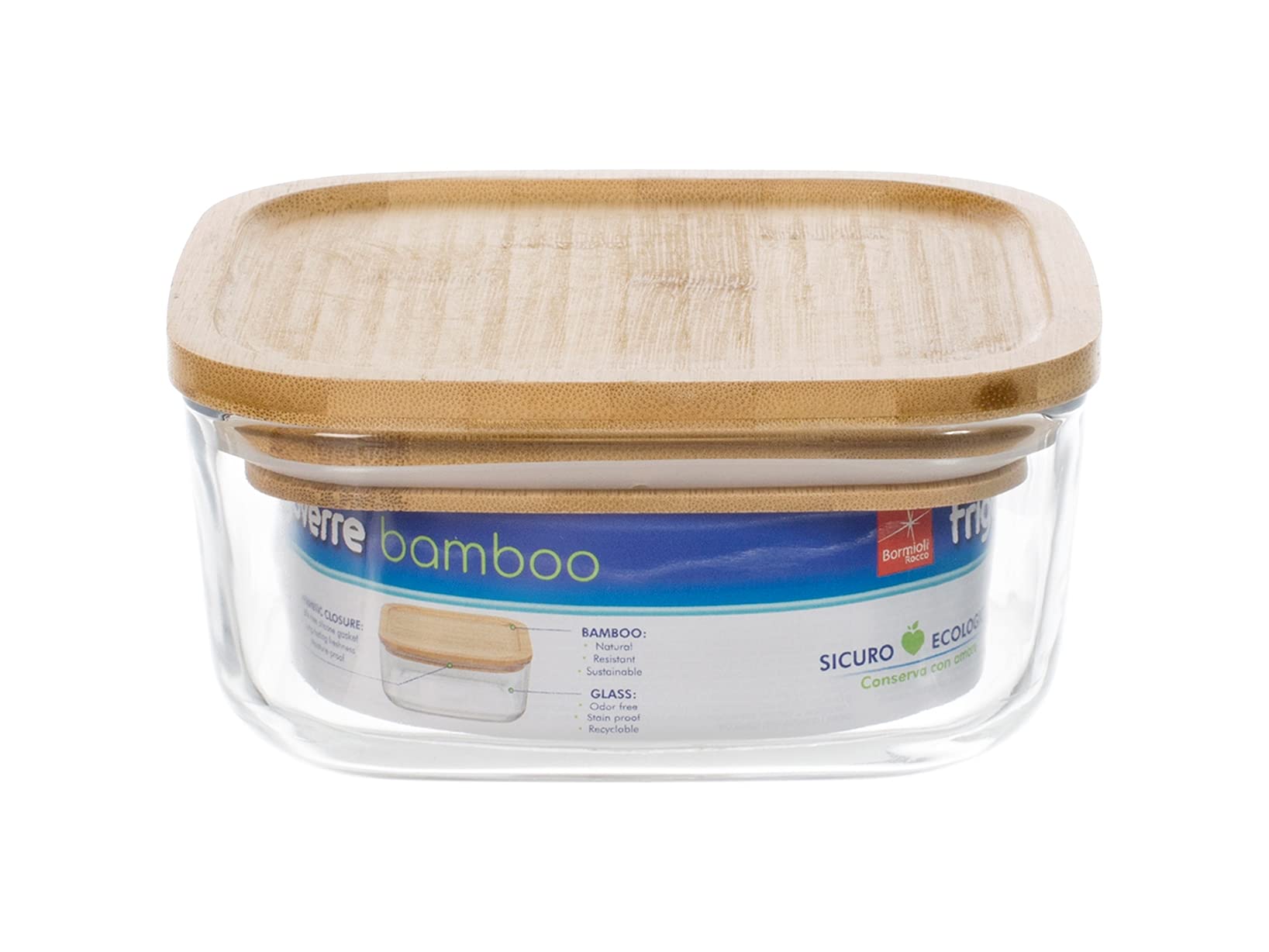 Bormioli Rocco Frigoverre Bamboo 33.75 oz. 6" Square Glass Food Storage Container with Bamboo Lid, Set of 12