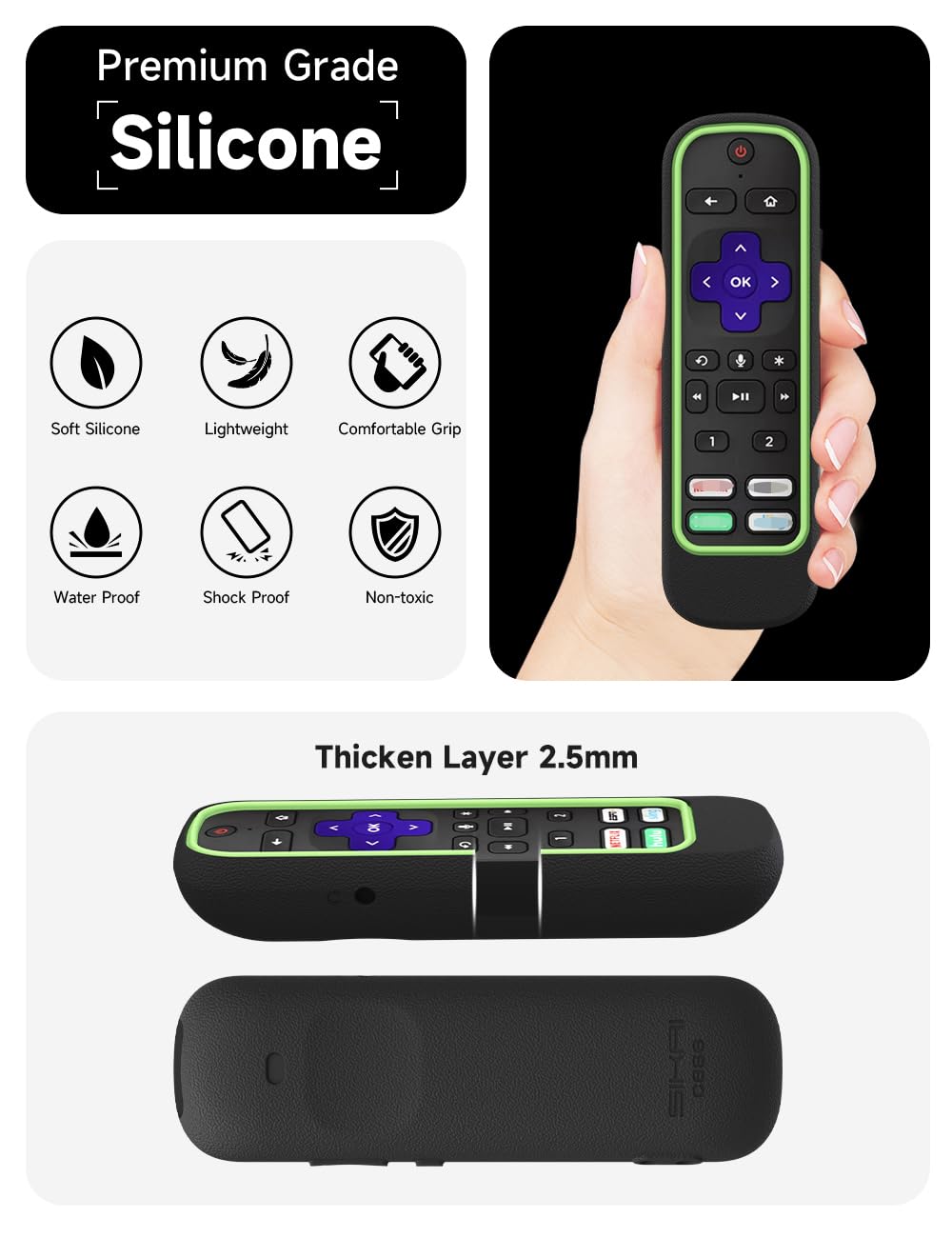 SIKAI Protective Case for ROKU Voice Remote Pro, for Roku Ultra 2020/2019 Remote, Shockproof Silicone Cover for Roku Ultra 4800R 4670R RCS01R Voice Remote Pro Anti-Lost with Loop (Black-Glow Green)