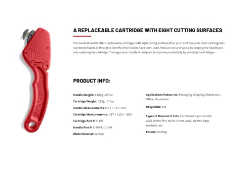 Cardinal Switch Cutter Handle and Switch Dual Wall (HD) Blade Cartridge - Replaceable Blade Cartridge Safety Box Cutter - Cut Cardboard Zip Ties Film Plastic Bands + More (RED) (1)