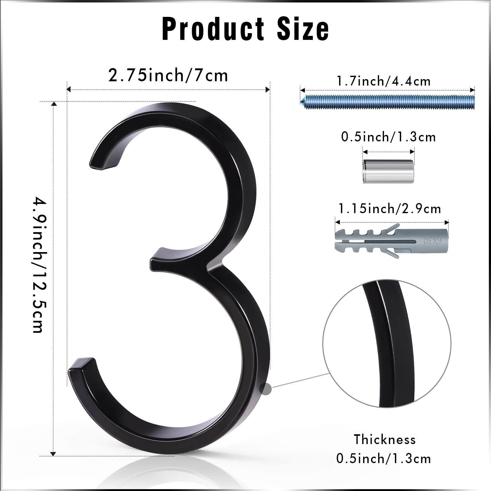 5 Inch Floating House Number 3, VONDERSO Black Metal Modern Outdoor Address Sign for Yard Street and Mailbox, Zinc Alloy Solid Address Numbers and Letters with Exquisite Drawing Process