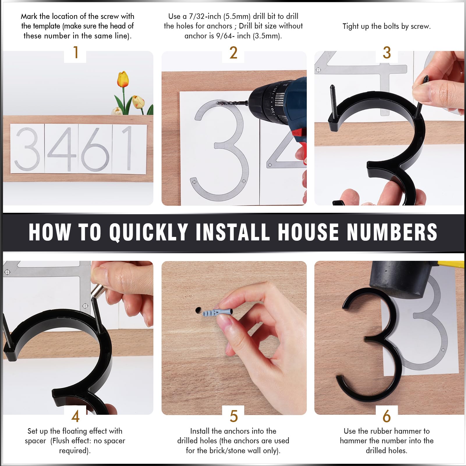 5 Inch Floating House Number 3, VONDERSO Black Metal Modern Outdoor Address Sign for Yard Street and Mailbox, Zinc Alloy Solid Address Numbers and Letters with Exquisite Drawing Process