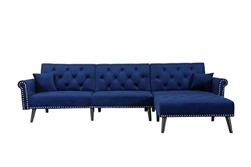 Zushule Convertible Sectional Couch with Chaise Lounge for Living Room, comfy Velvet fabric L-Shaped reversible reclining sofa with 3 seats and pillows, for small apartment and spaces - (Navy Blue)
