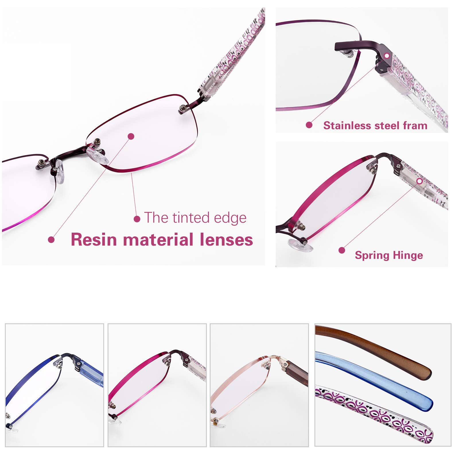 FEIVSN 3-Pack Rimless Reading Glasses For Women, Lightweight Spring Hinge Readers, Classic Elegant Artistic Eyeglasses UV 400 (Mix 1.0 Etc)