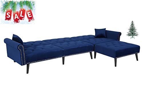 Zushule Convertible Sectional Couch with Chaise Lounge for Living Room, comfy Velvet fabric L-Shaped reversible reclining sofa with 3 seats and pillows, for small apartment and spaces - (Navy Blue)