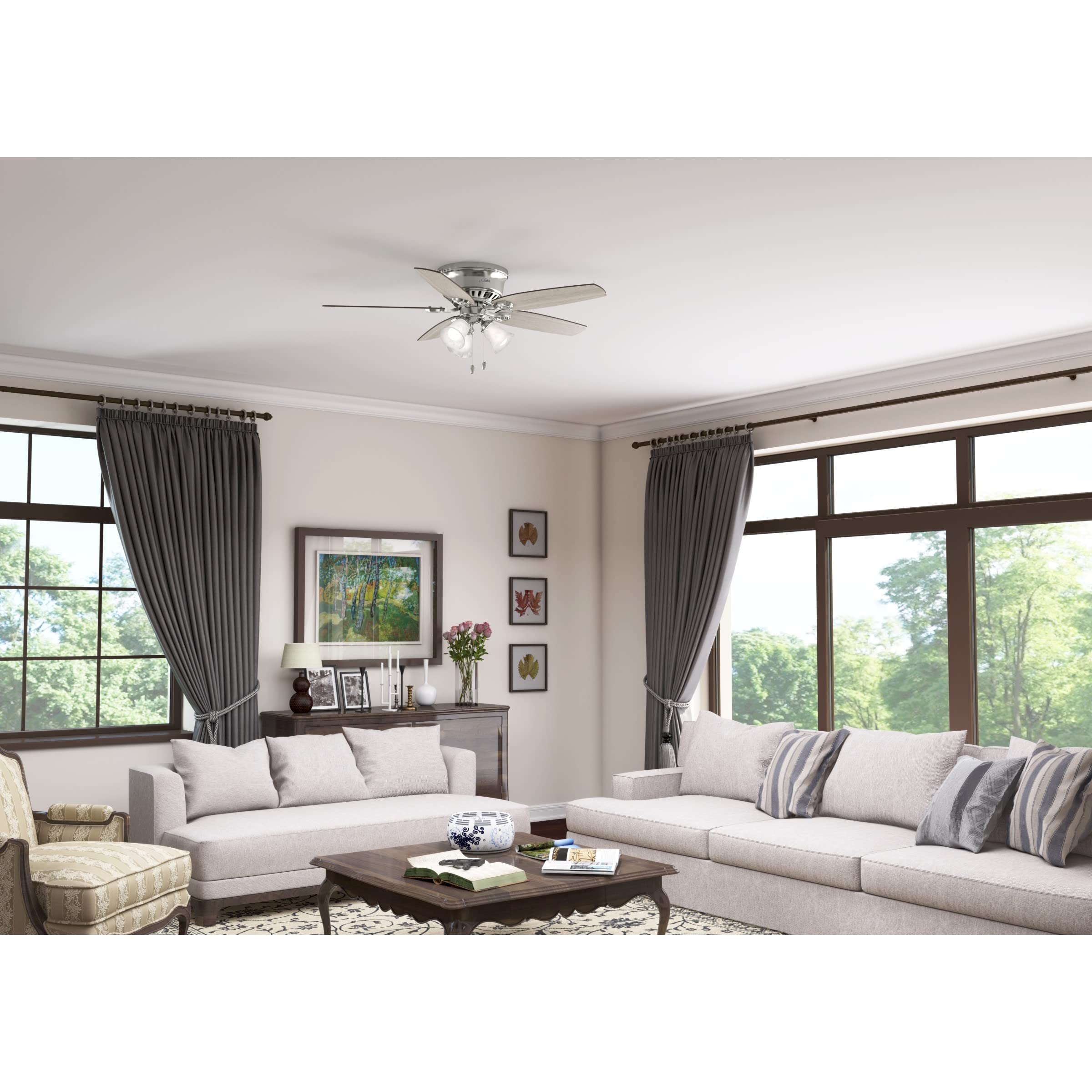 Hunter Fan Company Builder 52-inch Indoor Brushed Nickel Traditional Ceiling Fan With Bright LED Light Kit, Pull Chains, and Reversible WhisperWind Motor Included