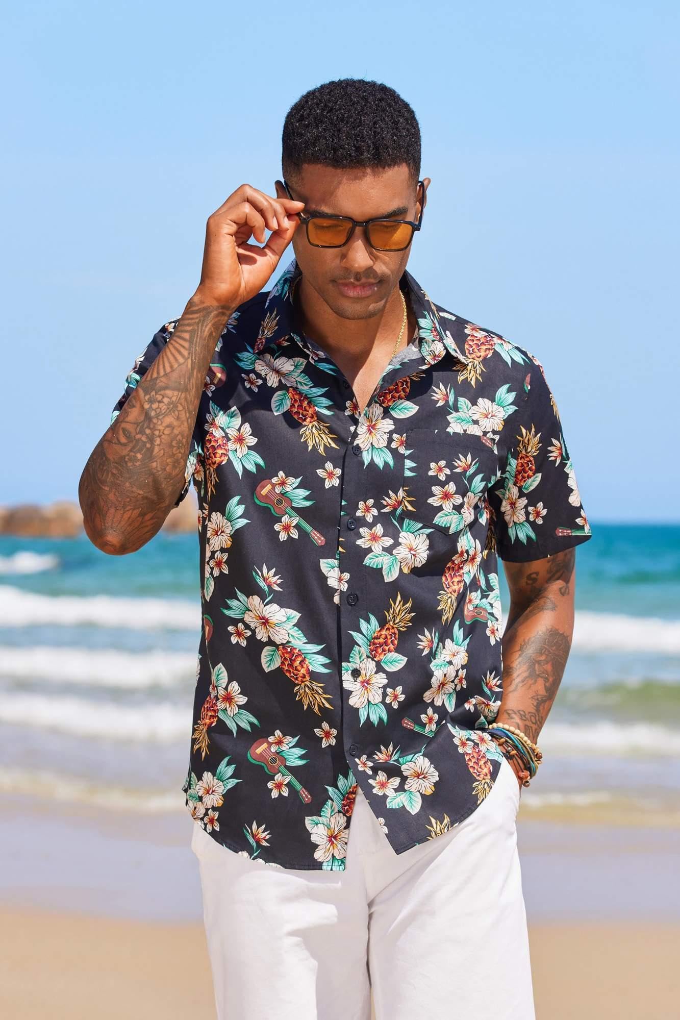 COOFANDY Men's Hawaiian Shirt Short Sleeve Casual Button Down Floral Printed Beach Shirts with Pocket Black