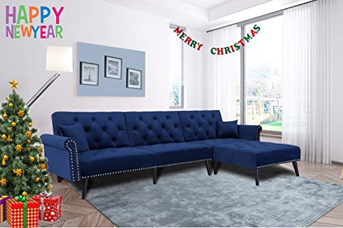 Zushule Convertible Sectional Couch with Chaise Lounge for Living Room, comfy Velvet fabric L-Shaped reversible reclining sofa with 3 seats and pillows, for small apartment and spaces - (Navy Blue)