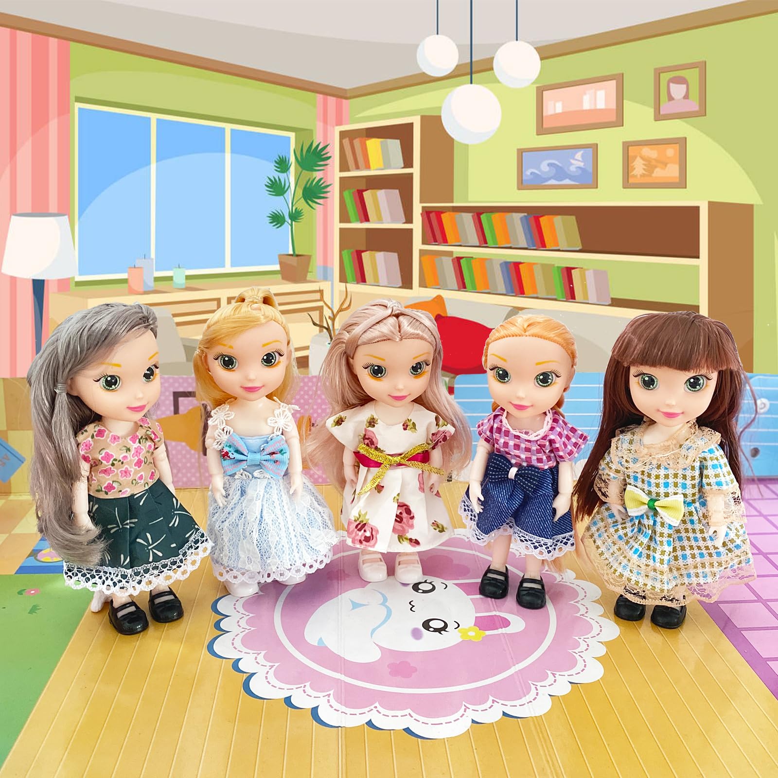 JING SHOW BUSSINESS 5 Sets Doll Clothes for 6 inch Mini Doll ,Include 5 Pieces Girl Mini Dolls, 5 Sets Handmade Doll Clothes and 5 Pairs of Doll Shoes