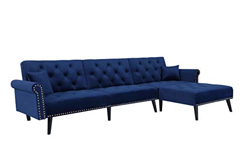 Zushule Convertible Sectional Couch with Chaise Lounge for Living Room, comfy Velvet fabric L-Shaped reversible reclining sofa with 3 seats and pillows, for small apartment and spaces - (Navy Blue)