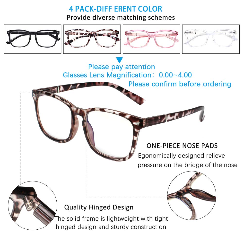 Henotin 4-Pack Blue Light Blocking Reading Glasses Women Men,Spring Hinge Computer Readers,Anti UV Ray Square Nerd Eyeglasses (Mixed Color, 0.75, Diopters)