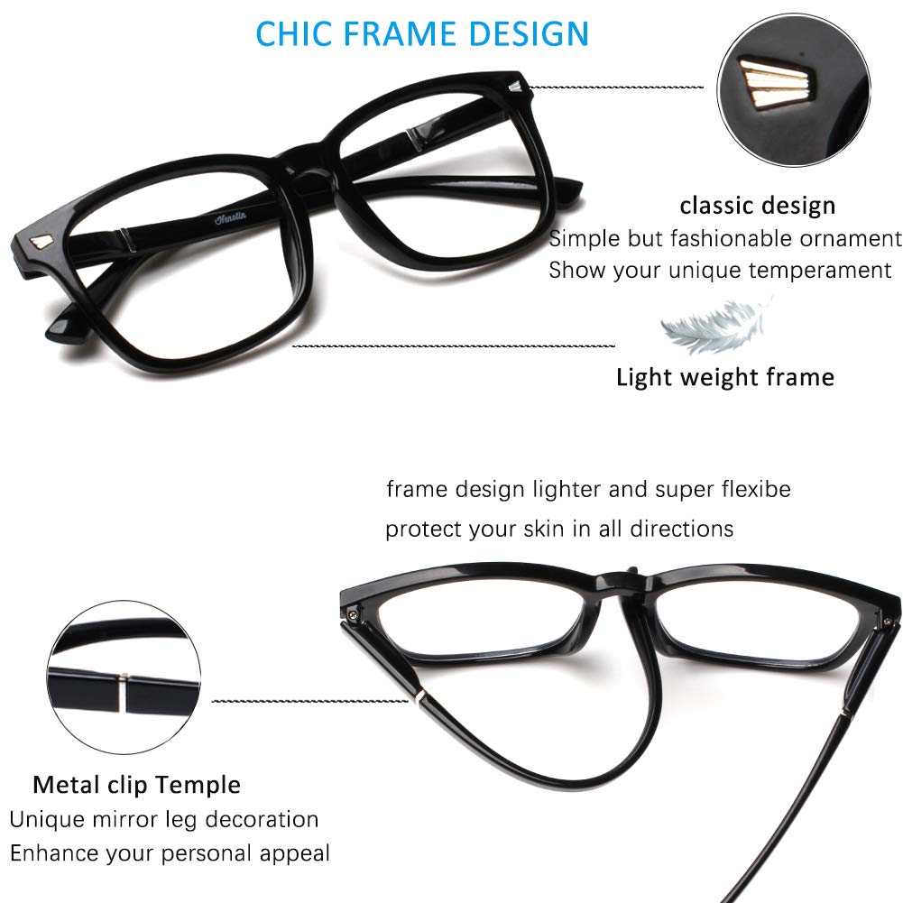 Henotin 4-Pack Blue Light Blocking Reading Glasses Women Men,Spring Hinge Computer Readers,Anti UV Ray Square Nerd Eyeglasses (Mixed Color, 0.75, Diopters)