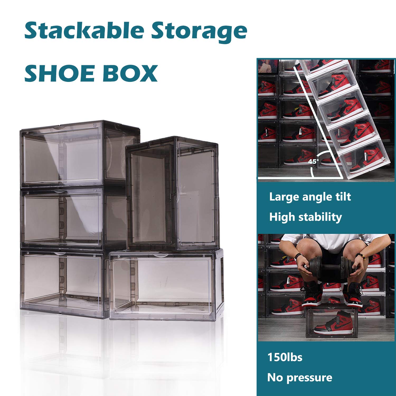 Reitu 3 Pack Shoe Storage Boxes, Clear Plastic Stackable Shoe Organizer Bins, Side Opening Sneaker Holder Containers For Men/Women sneaker Fit up to US Size 13 (Black)