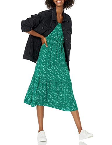 Amazon Essentials Women's Fluid Twill Tiered Fit and Flare Dress, Green Vine Print, X-Large