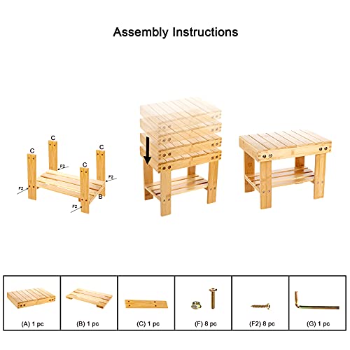 Lawei Bamboo Step Stool, Bamboo Foot Rest Stool Bamboo Shower Bench Stool with Storage Shelf for Kids Children Adult, Works in Bathroom Living Room Bedroom Garden